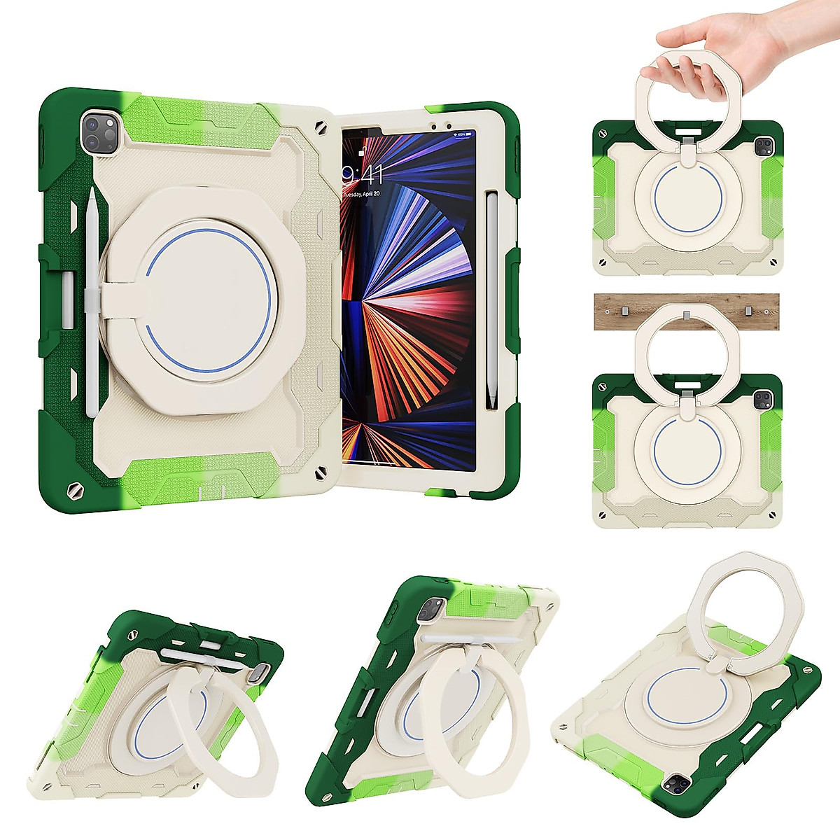 SLLMYYX 360 Degree Swivel 3in1 Shockproof Case for iPad Pro 12.9 inch 6th/5th/4th Gen with Shoulder Strap & Handle, 2022/2021/2020 with Shoulder Strap & Handle, Colorful Green