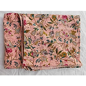 Beige Leaf Print Bird of Paradise Cotton Kantha Quilt, Indian Bedspread Handmade Bohemian Traditional Blanket Throw Quilt Gudri Bed by United Creation, 90 X 60, Peach (United Creation - 215)