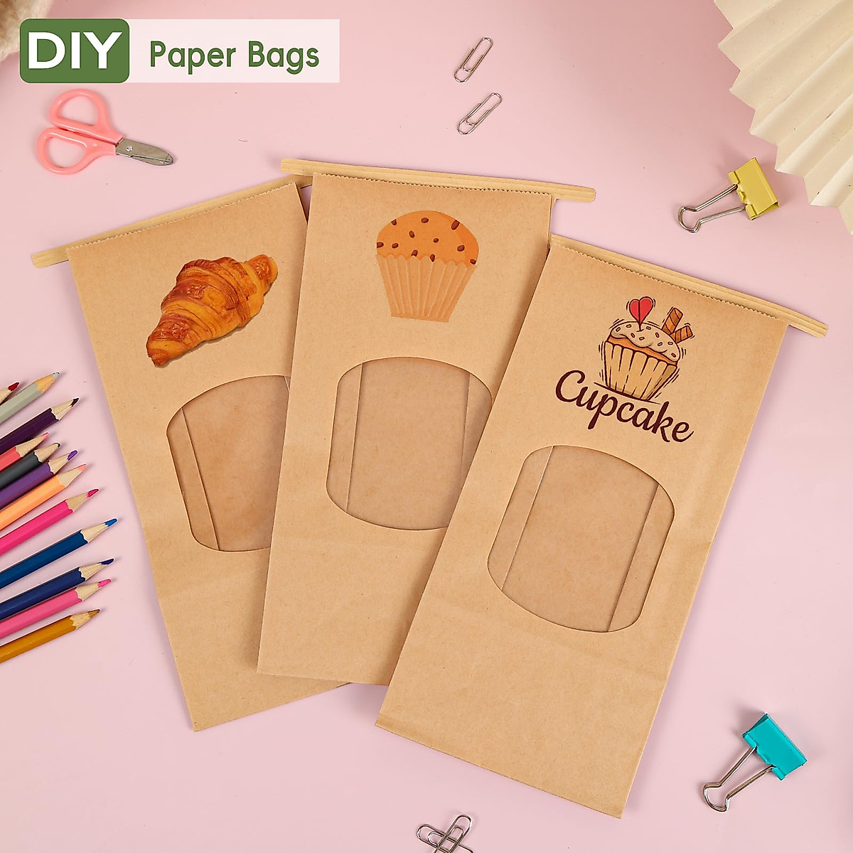 Moretoes 100pcs Bakery Bags with Window, 4.5x2.36x9.6in Kraft Paper Bags, Tin Tie Tab Bags Brown Window Bags Cookie Bags, Coffee Bags