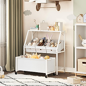 MAHANCRIS Toy Storage Organizer for Kids, Toddler Toy Storage with Wheeled, Toy Storage Shelf with 3 Storage Bin, for Living Room, Nursery, Playroom, Bedroom, White SCBW16801