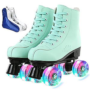XUDREZ Roller Skates for Women Cozy Green PU Leather High-top Roller Skates for Beginner, Professional Indoor Outdoor Double-Row Roller Skates with Shoes Bag (Flash Wheel,37)