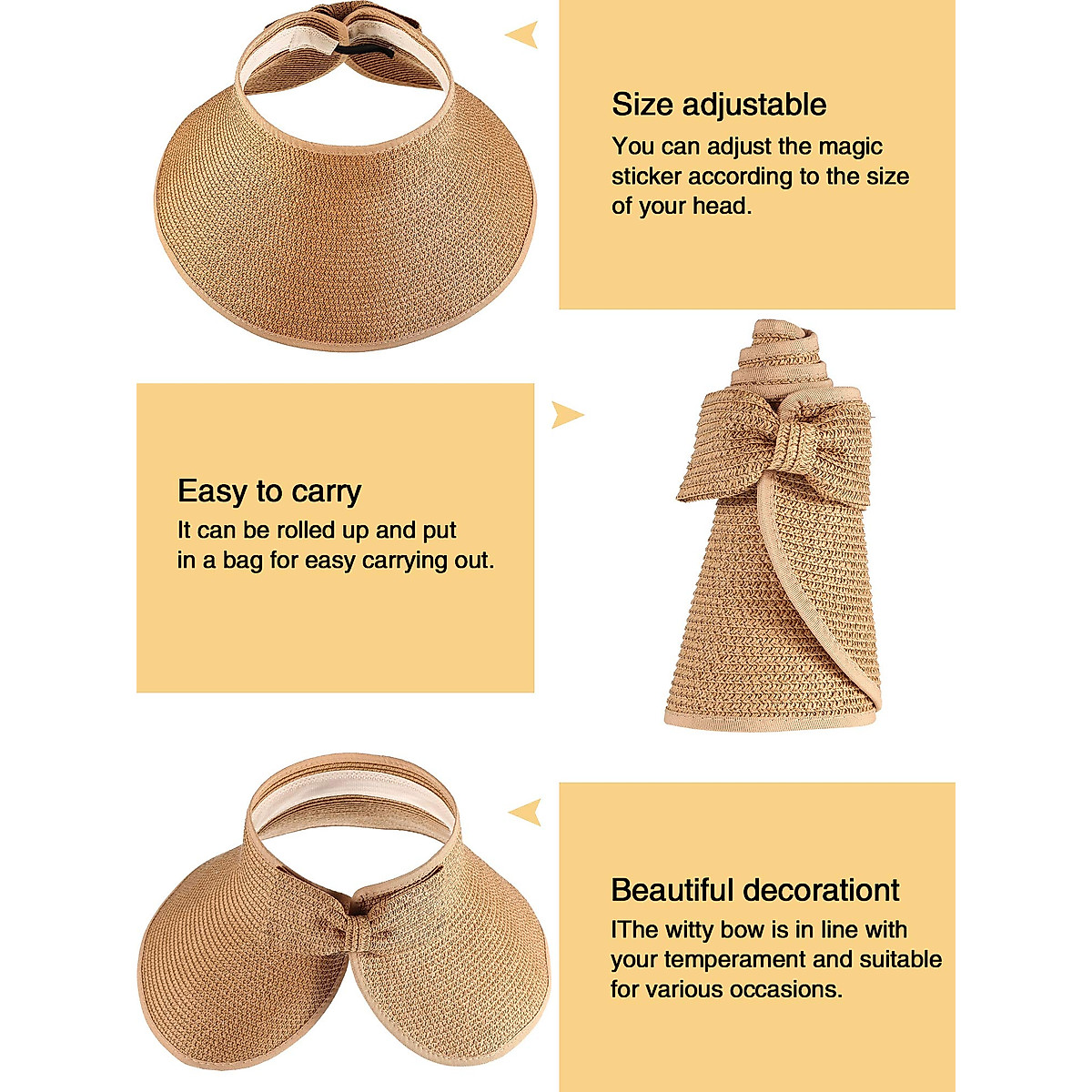 HESTYA Women's Wide Brim Straw Sun Visor Hat Foldable Roll-up Summer Beach Hat Open Top Hat Packable