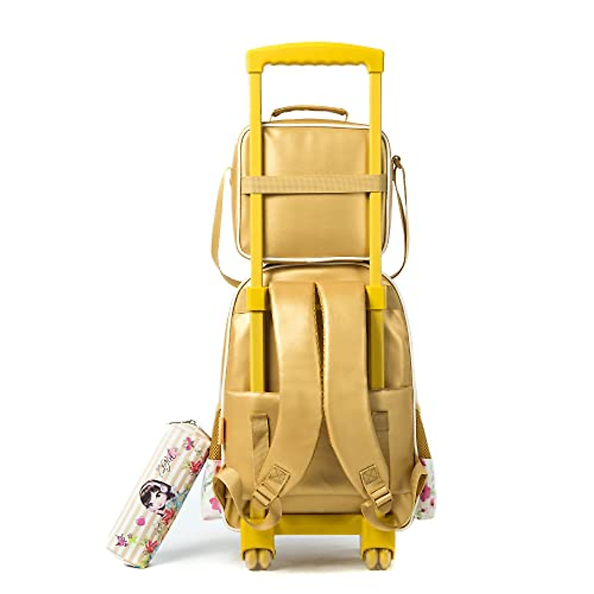 MOHCO Rolling Backpack Cute 16 inch Set 3 in 1 with Lunch Bag and Pencil Case for Girls (Yellow)