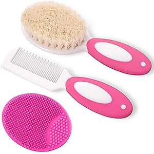 Baby Hair Brush and Comb Set for Newborns & Toddlers | Natural Soft Goat Bristles | Ideal for Cradle Cap | Perfect Baby Registry Gift (Red)