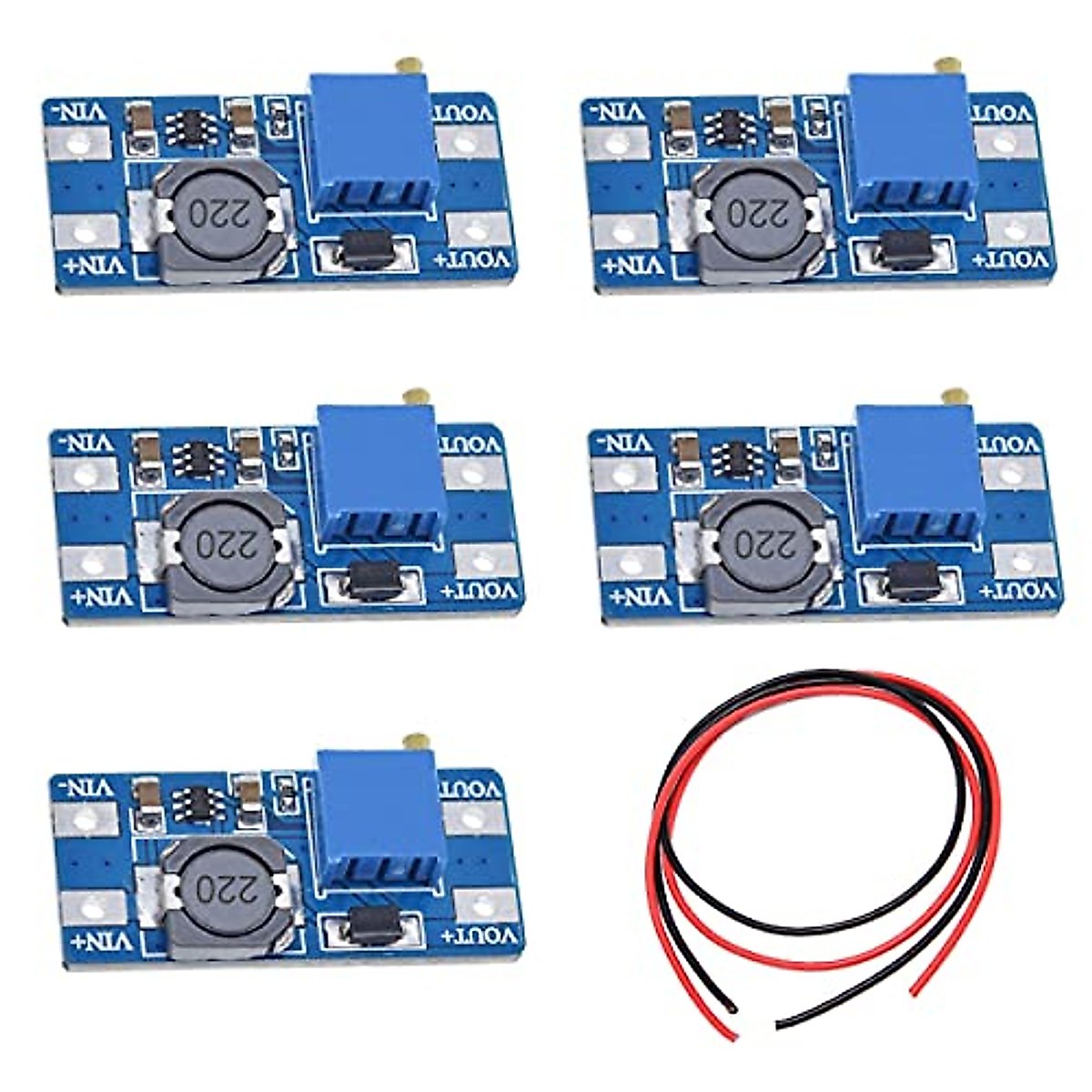DAOKI 5 Pcs DC-DC Boost Converter MT3608 2V-24V to 5V-28V 2A Adjustable Voltage Regulator Step Up Power Supply Module for Arduino with 24AWG Wire