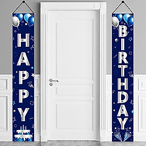 Blue Silver Happy Birthday Door Banner Decorations for Men Boys,Happy Birthday Banner Porch Sign Party Supplies,16th 18th 21st 30th 40th 50th 60th Bday Decor for Outdoor Indoor