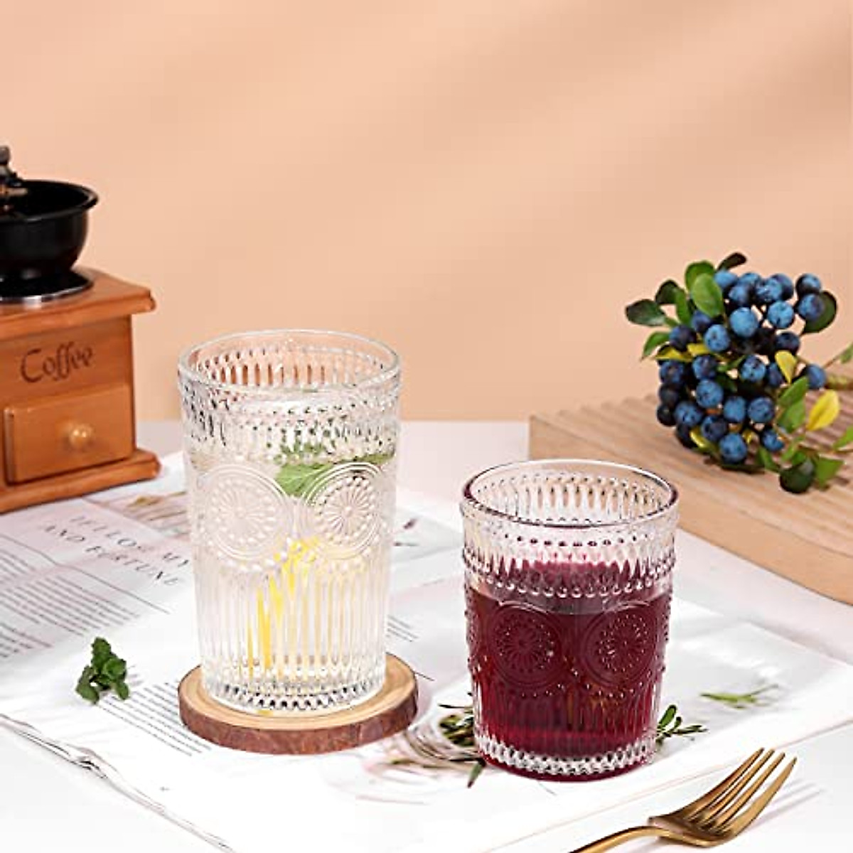 Amzcku Vintage Drinking Glass Set of 4, 10 oz - For Cocktails, Mixed Drinks, Whiskey, Beverage, Water, Milk and Juice…