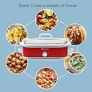 Elite Gourmet MST-5240 Casserole Crock Slow Cooker, Locking Lid Adjustable Temperature Keep Warm Oven & Dishwasher-Safe Casserole Pan, 3.5Qt Capacity, Red