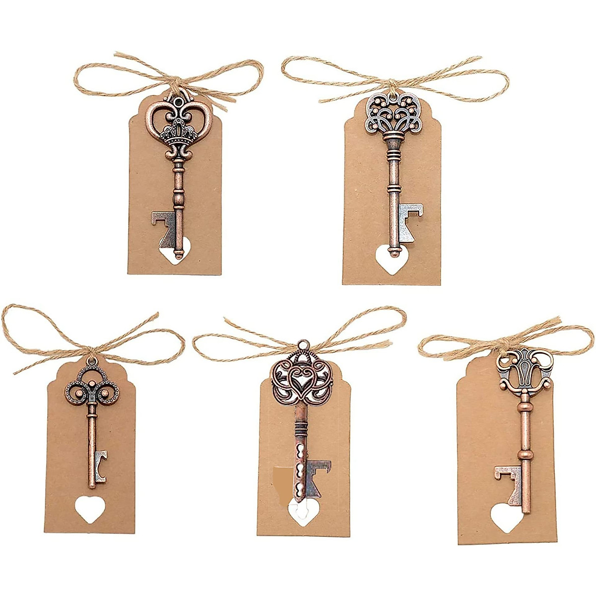 50pcs Copper Skeleton Key Beer Bottle Opener With 100 Pcs Blank Card and 98 Feet Hemp Rope for Wedding Party Favors (mixed 5 styles copper)