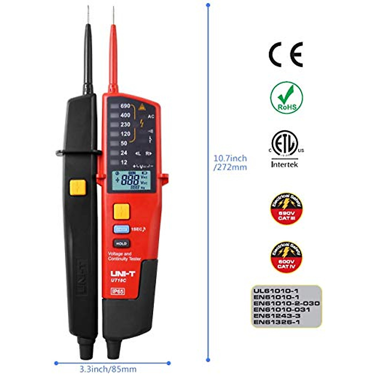 Voltage Tester Professional UT18C Voltage and Continuity Tester Multifunction Waterproof Digital Electrical Circuit Tester Voltage Meter Voltmeter 12V~690V AC/DC Automatic Range LCD Display