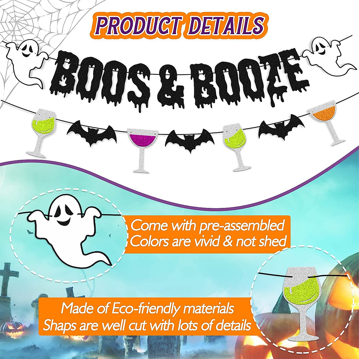 35 PCS Boos & Booze Decorations Halloween Banner Ghost Bat Wall Decor Potion Horror Pumpkin Witches Theme for Halloween Festival Party Supplies
