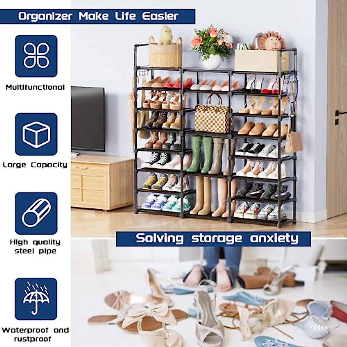 Mavivegue Metal Shoe Rack Organizer，8 Tiers Tall Shoe Shelf Storage，40-45 Pairs Vertical Large Boot Rack,Stackable Shoe Racks for Entryway, Closet, Garage, Bedroom,Cloakroom -Black