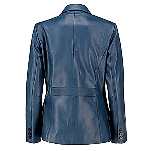 Jild Classic 2-Button Lambskin Leather Blazer Women - Casual Coat Long Sleeves Suit Style Leather Jacket Women (LC-Blue-XL)