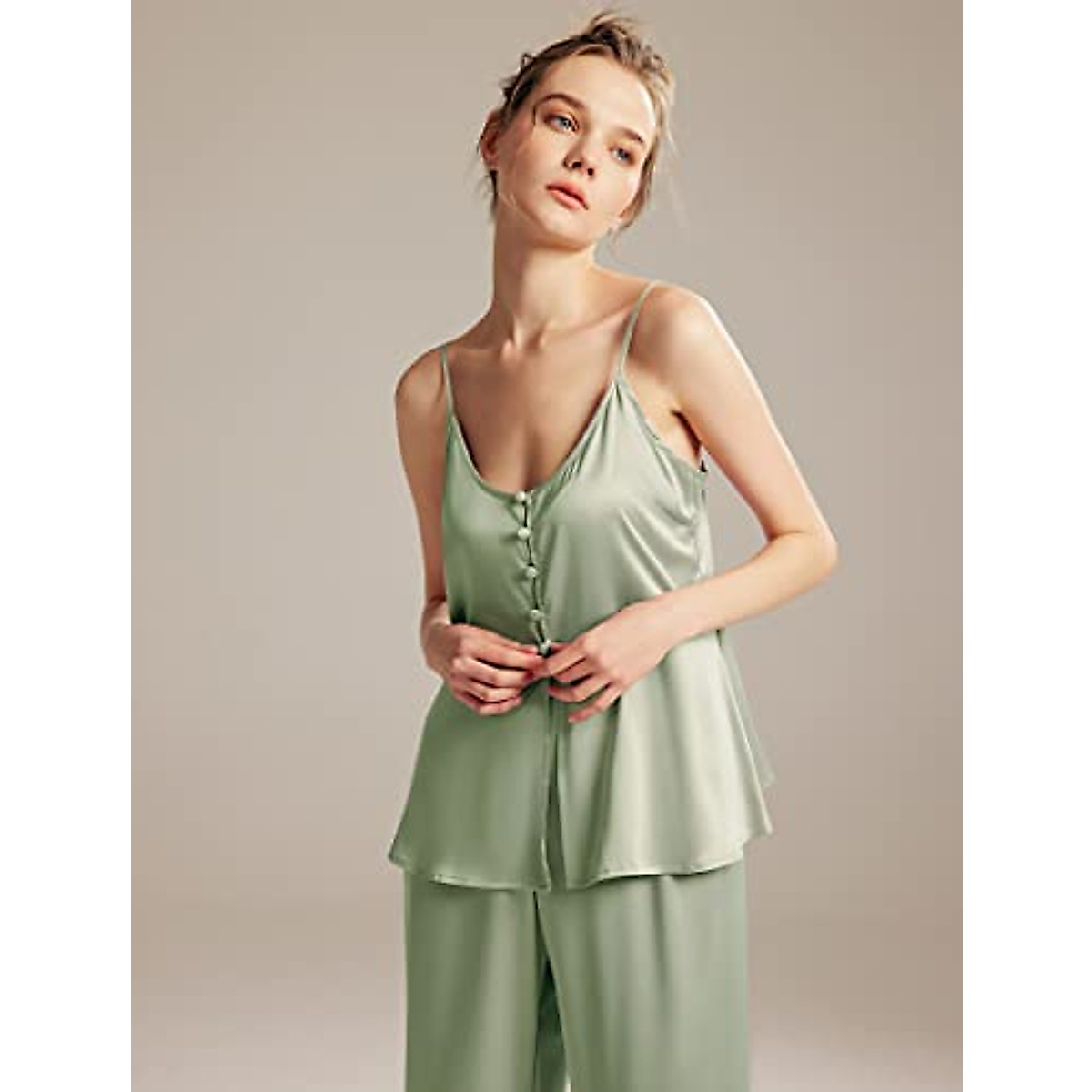 AW BRIDAL Satin Bride Bridesmaid Pajamas Set Silk Pjs Sleeveless Camisole with Pants 2 Pieces Sexy Sleepwear for Women Brides, Sage Green S