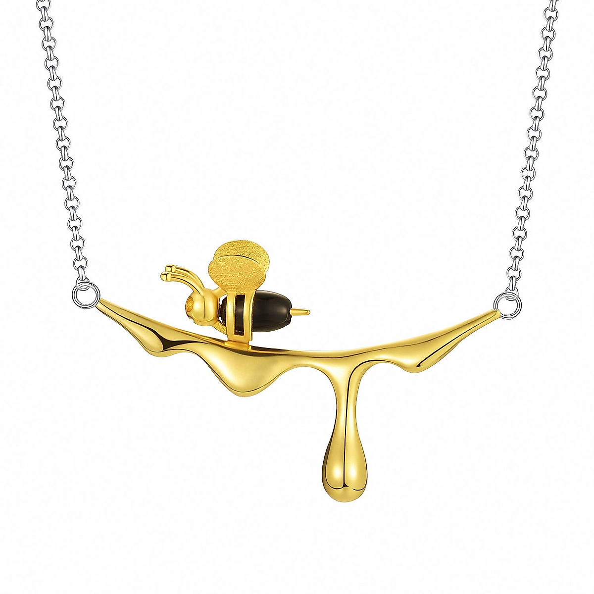 Lotus Fun S925 Sterling Silver Pendant Necklace Bee and Dripping Honey Pendant with Necklaces Chain Length 18.5 inches, Handmade Unique Jewelry Gifts for Women (Gold)