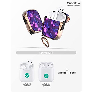 GuarzFun case for AirPods 1st & 2nd Case, Secure Lock Airpod case with Lock lid Keychain Clip, Full Body Hybrid Material Protective Cover for Men Women (Purple Butterfly)