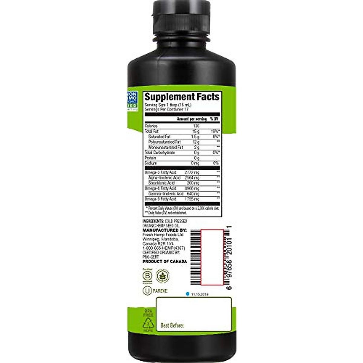 Manitoba Harvest Organic Hemp Oil, Cold Pressed, 12g of Omegas 3&6 Per Serving, Non-GMO, 8.45 Fl Oz