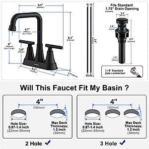 Matte Black Bathroom Sink Faucet, Hurran 4 inch Bathroom Faucets for Sink 3 Hole with Pop-up Drain and Supply Hoses, 360 Swivel Spout Centerset Faucet for Bathroom Sink Vanity RV Farmhouse, 2 Pack
