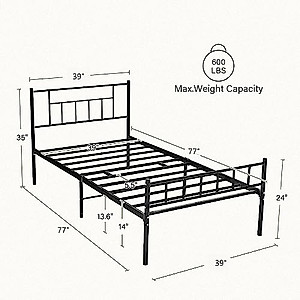 HOMBCK Twin Bed Frames with Headboard, Platform Bed Frame with Storage, 14 Inch Twin Bed Frames for Kids, 600lbs Heavy Duty Steel Metal Bed Frame No Box Spring Needed, Noise Free, Black