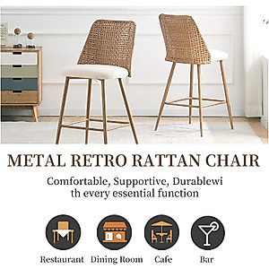 JALOURT Rattan Counter Height Bar Stools Set of 2, Modern Upholstered Bar Stools with Full PE Cane Back,26''Rattan Back Counter Stools with Solid Metal Legs for Kitchen Bar Island,Brown