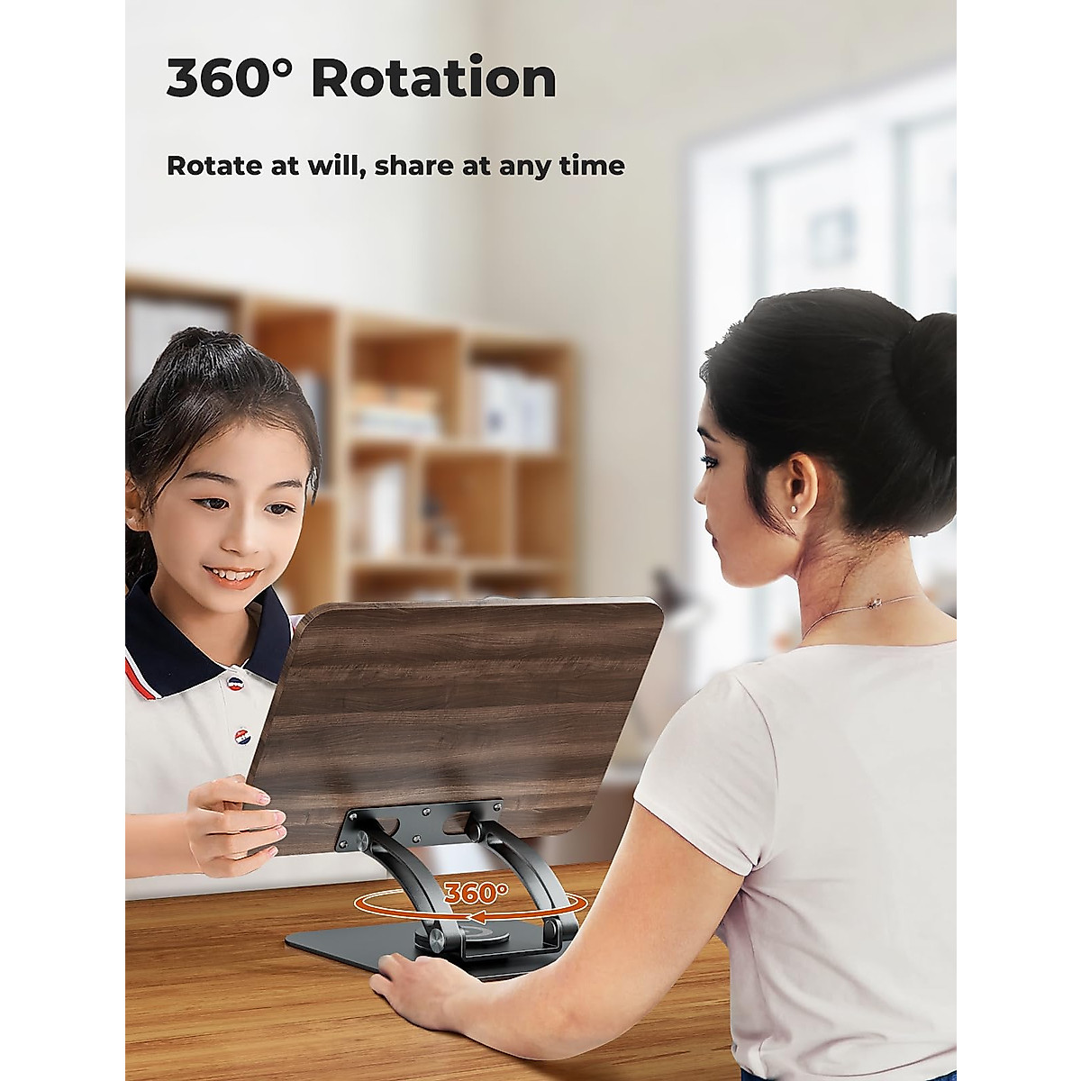 Tounee Book Stand for Reading, Adjustable Book Holder with 360° Swivel Base, Foldable Cookbook Stand Recipe Book Holder with Elastic Page Clips for Music Scores, Recipe, Tablet, Laptop-Gray