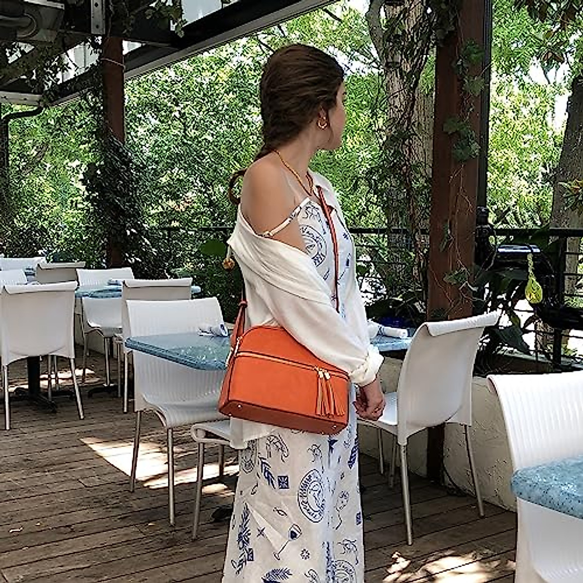 Dasein Women Tassel Zipper Pocket Crossbody Bag Shoulder Purse Fashion Travel Bag with Multi Pockets(1-Orange)