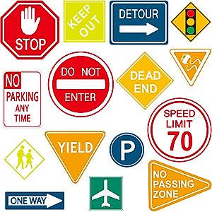 15 Pieces Road Signs Wall Decal Traffic Sign Stickers Street Signs Decals Stop Street Transportation Signs Vinyl Wall Decals for Kids Bedroom Classroom Playroom Birthday Decor