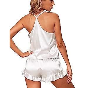 FERDAT Women's Silk Pajamas Set Satin Ruffle Lingerie 2 Piece Pjs Cami Top and Shorts Sleepwear White