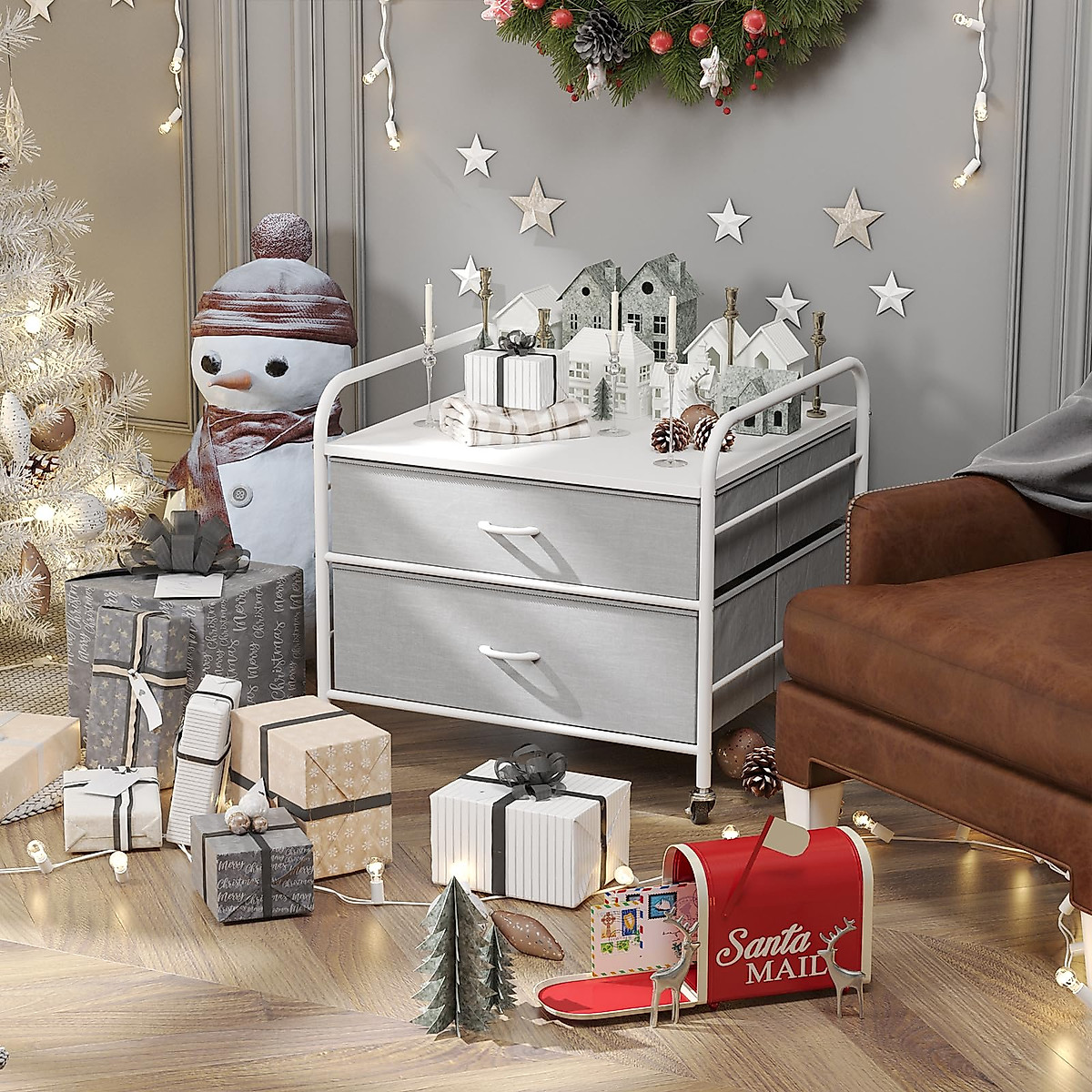 Alavoco 2 Drawer Dresser, 120LBS Fabric Storage Tower, 2 Drawer Storage Cart, Mini Fridge Stand with Storage, Metal Frame Iron Top, 4 Swivel Wheels for Home Kitchen, White