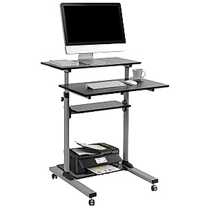 TechOrbits White Mobile Standing Desk Rolling Workstation Cart - Stand Up Media Podium Mobile Desk