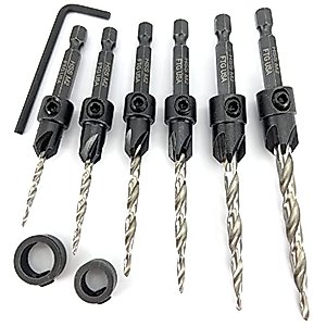 FTG USA Wood Countersink Drill Bit Set 6 Sizes Set Countersink HSS M2 Tapered Drill Bits, Quick Change Hex Shank Countersink bit, with 6 Storage Containers, 2 Stop Collars, 1 Allen Wrench