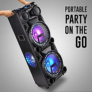 QFX PBX-1212 Bluetooth Rechargeable Dual 12” Woofer with 1” Tweeter Speaker System with Microphone Input, Guitar Input, Aux Input, USB Port, SD Card Port, TWS, Recording, FM Radio, LED Party Lights