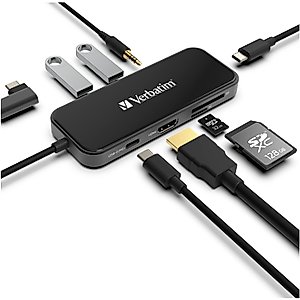 Verbatim 8-in-1 USB C Hub w/Dongle - USB Hub for Laptop w/ 100W PD, 2 USB 3.0 Ports, 2 USB C Ports, SD Card Readers, HDMI, 3.5mm Audio Port, Compact USB-C Hub