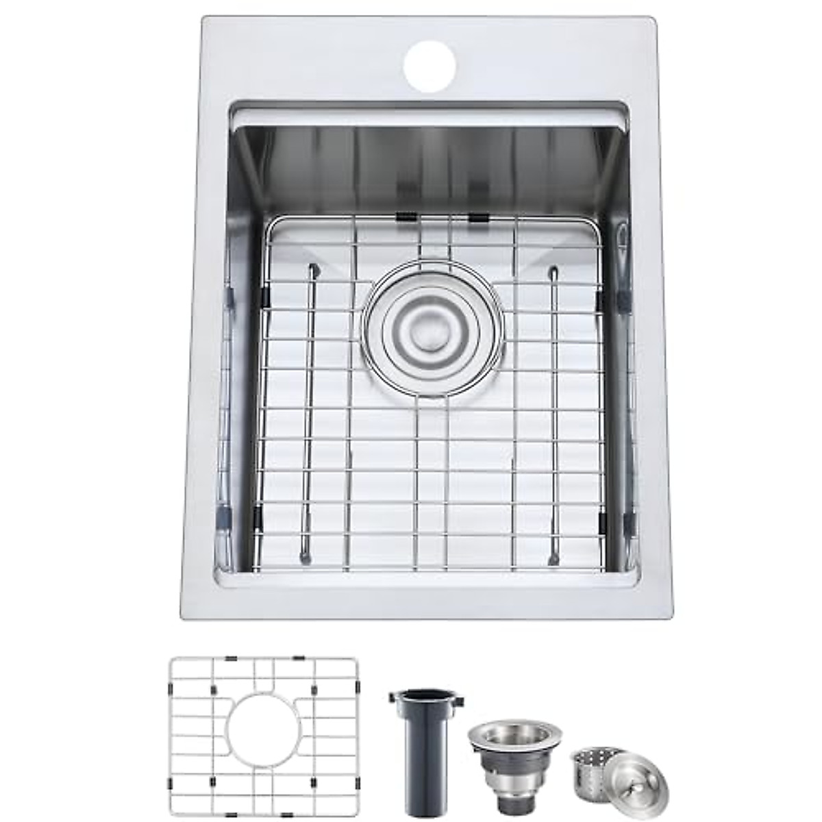 UFaucet 15x20 Drop in Bar Sink Top Mount Stainless Steel Wet Bar Sink 15 Inch Topmount Handmade Modern Commercial Small Kitchen Sink Single Bowl Workstation Prep Sink with Grid&Strainer&Cutting Board