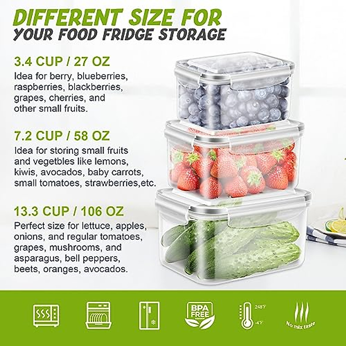 ODOMU 3 Pack Fridge Berry Storage Container with Lids with Strainer, Plastic Fresh Produce Saver Keeper for Vegetable Fruit Meat Lettuce, BPA Free Kitchen Refrigerator Organization (3.15L+1.7L+0.8L)