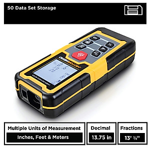 MOTORHEAD 196Ft/60M Laser Measure, Laser Distance Measure w/Digital Level & Angle Sensor, M/in/Ft, 50 Data Set Storage, 3 Measurement Points, Backlit LCD, Pythagorean, Area & Volume Functions