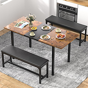 VECELO 3-Piece 63" Extendable Kitchen Table with Benches/Chairs, Modern Breakfast Dinette/Dining Room Set for 4/6/2, Small Space Saving Design, Easy Assembly