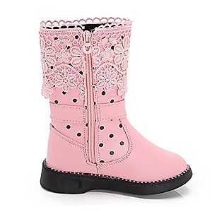 DADAWEN Girl's Waterproof Lace Bowknot Side Zipper Fur Winter Boots (Toddler/Little Kid/Big Kid) Pink(Update) US Size 2 M Little Kid