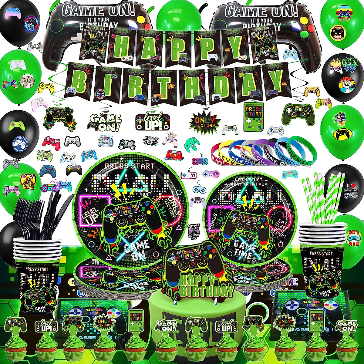 KOTLMIGHT Green Gamer Birthday Party Decoration - 269Pcs Video Game Gaming Party Supplies For Boys Birthday Party - Table Cover, Utensils, Hanging Swirls, Birthday Banner, Stickers, Bracelets