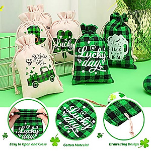 24 Pcs St Patrick's Day Gift Bag with Drawstring Shamrock Cotton Treat Bags Candy Pouch Sacks Irish Party Favor Bag Green Plaid Pouch Bag for Saint Patrick's Day Irish Party Supplies (5 x 7 Inch)