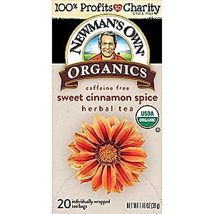 Newman's Own Organic Sweet Cinnamon Spice Herbal Tea with Rooibos Tea with Organic Ginger 20 Individually Wrapped Tea Bags Per Box USDA Certified and Kosher Cinnamon Tea Caffeine-Free