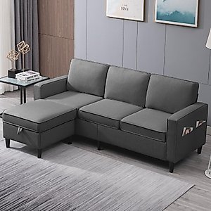 PUREMIND 78 Inches Convertible Sectional Sofa, Linen L-Shaped Sofa Couch with Reversible Storage Ottoman, Wooden Legs, 3-Seat Sectional Couches for Small Space, Apartment, Office (Dark Grey)…