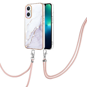 ONV Lanyard Case for OnePlus N20 5G - Crossbody Detachable Neck Strap Phone Case Silicone Bumper Marble Painted TPU Ultra Thin Cover for OnePlus N20 5G [Marble] -White