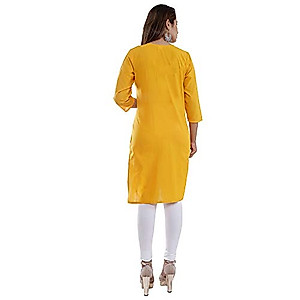 Ramkudi Indian Women's Plain Embroiderd Cotton Straight Kurti Top (Yellow)