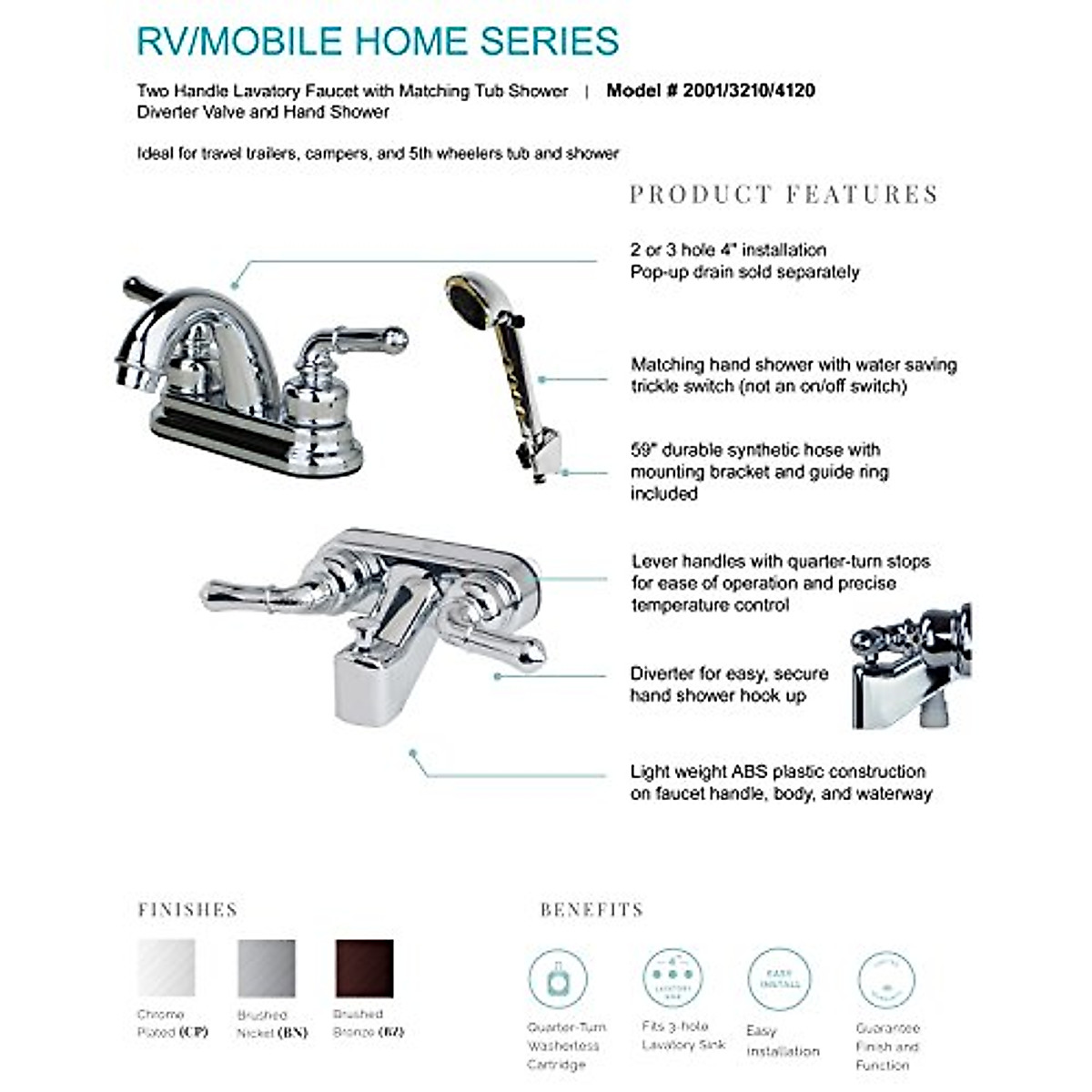 Laguna Brass 2001CP/3210CP/4120CP RV Bathroom and Tub Faucet with Matching Hand Shower Combo Chrome Finish