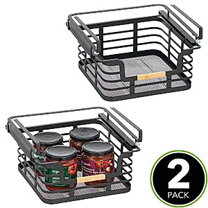 mDesign Metal Wire Under Shelf Storage Baskets for Kitchen Pantry, Closet, Hanging Pull Out Shelving Bin, Sliding Hanger Racks for Bread, Canned Goods, Condiments, Food, 2 Pack, Matte Black/Natural