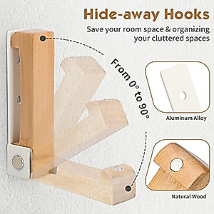 Folding Coat Hooks 5 Pcs Wooden Wall Hooks for Hanging Coat Heavy Duty Aluminum Alloy Adhesive Foldable Headphone Holder Coat Hooks Wall Mounted with 10 Screws for Hat, Towel, Bag (White)
