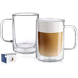 Aquach Double Wall Glass Coffee Mug 12 oz, Large Clear Glass Cup with Handle Set of 2, Insulated Tea Mugs, Water Cups, Juice Cups, Milk Cups