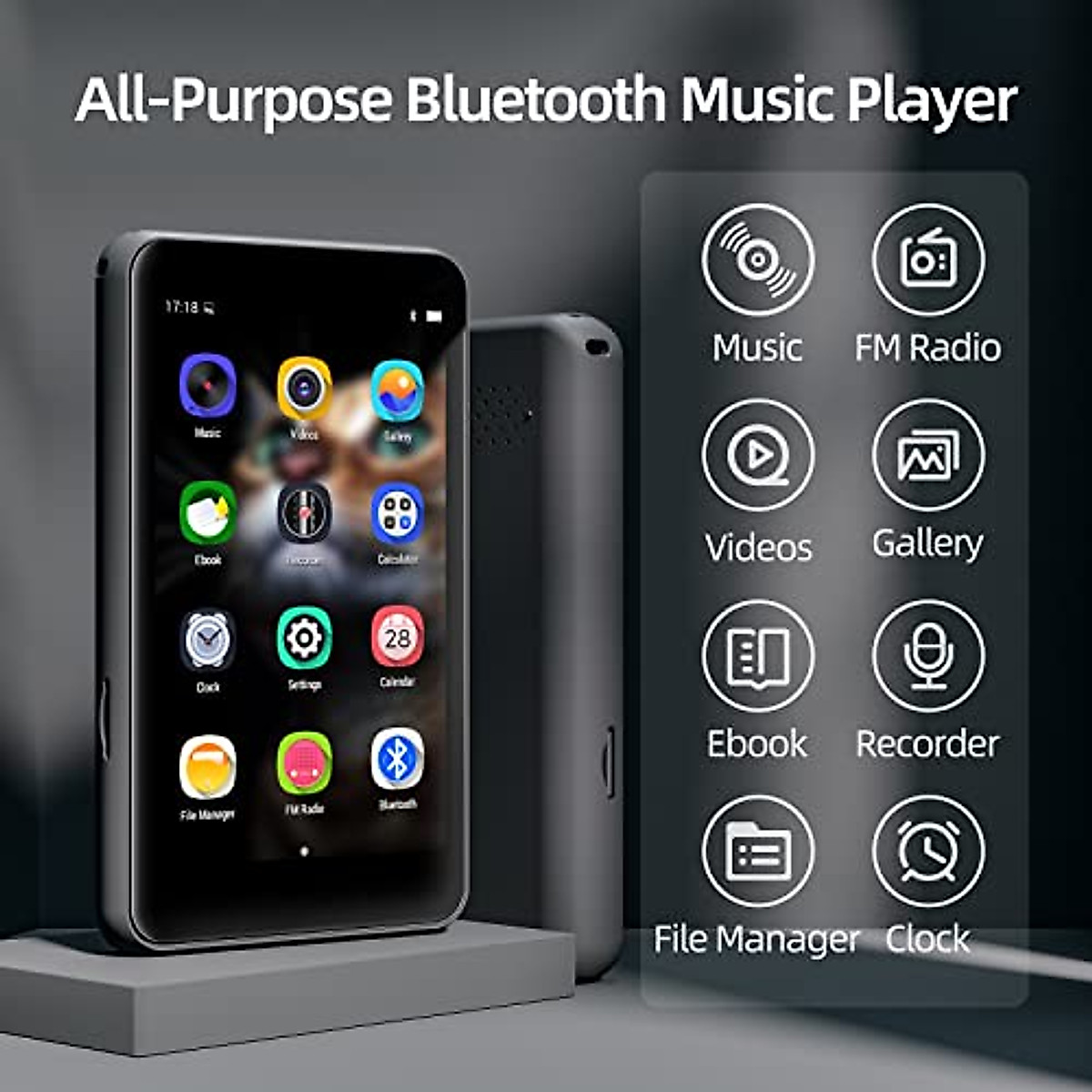 64G Mp3 Player with Bluetooth, Mp4/Story Player, Music Player, Supports FM Radio of High Volume Built-in Speaker, 4-Inch LCD Full Touch Screen, E-Book, Micro SD Card Slot Ups to 512GB (Black)