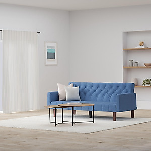 mikibama Tufted Linen Futon Sofa Couch Bed for Living Room Convertible Fabric Blue Upholstered Sleeper Futon Guest Bed Twin Size with Solid Wood Legs for Small Spaces